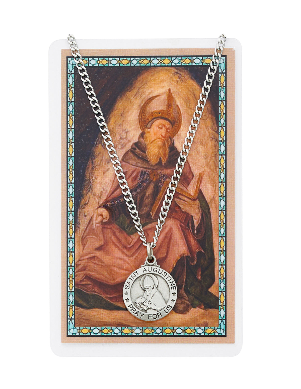 St. Augustine Prayer Card with Pewter Medal and 24" Silver Tone Chain ...