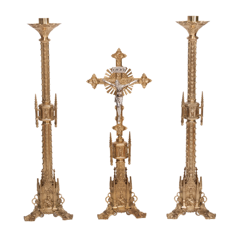 Traditional Gothic Solid Brass Crucifix and 40" Candlesticks Altar Set ...